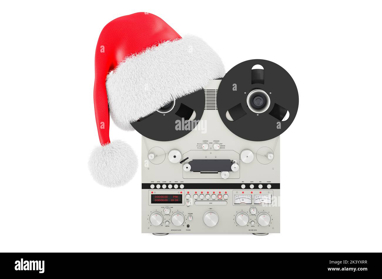 Retro reel-to-reel tape recorder with Christmas Santa hat. 3D rendering ...
