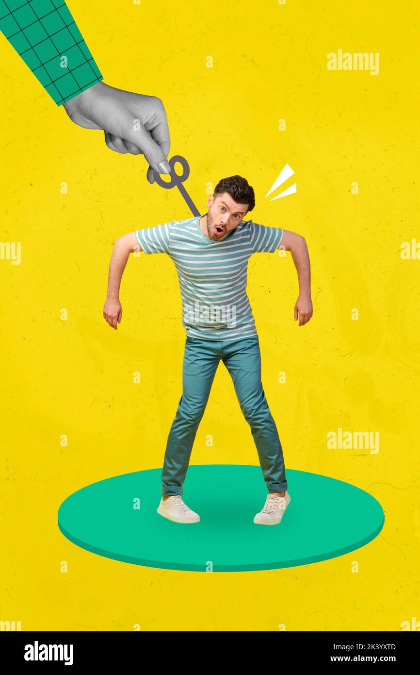 Composite collage image of weak willed man toy puppet big hand control ...