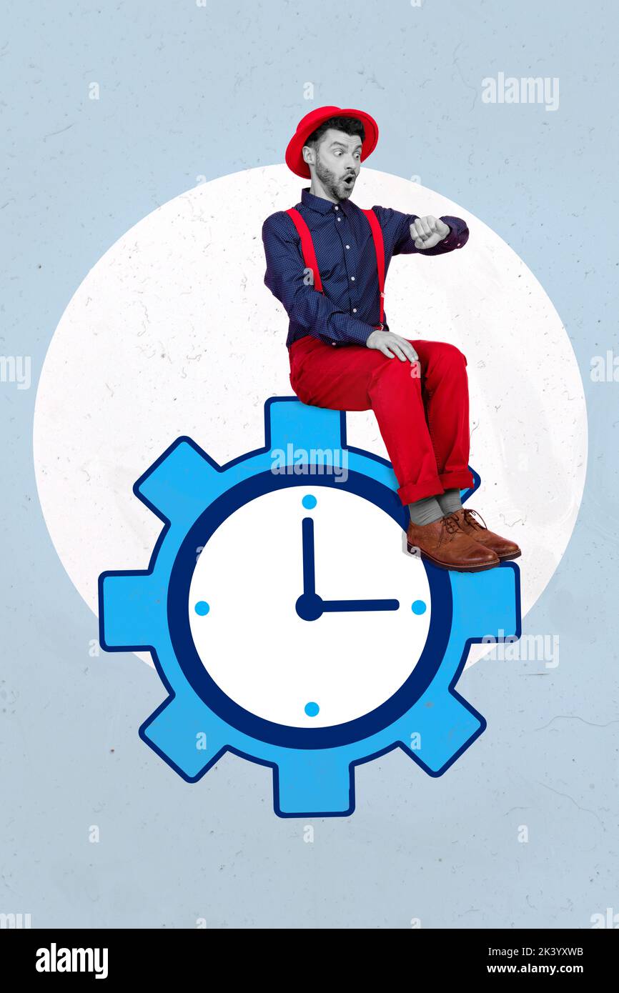 Collage photo of young student guy funny worker sitting painted timer ...