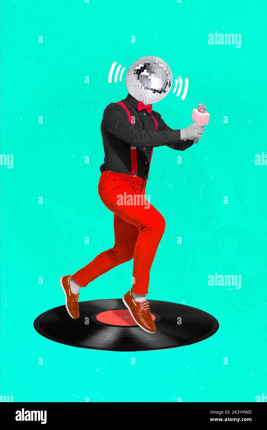 Vertical collage photo of funny headless man dressed red suspenders bow ...