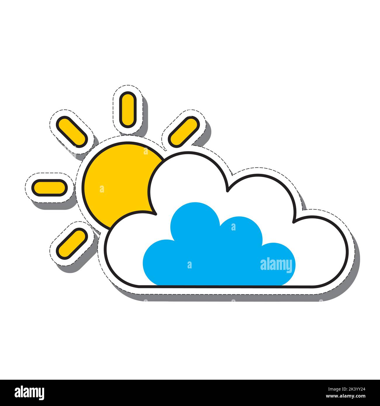 Cartoon sticker of the Sun behind a cloud on a white background Stock ...