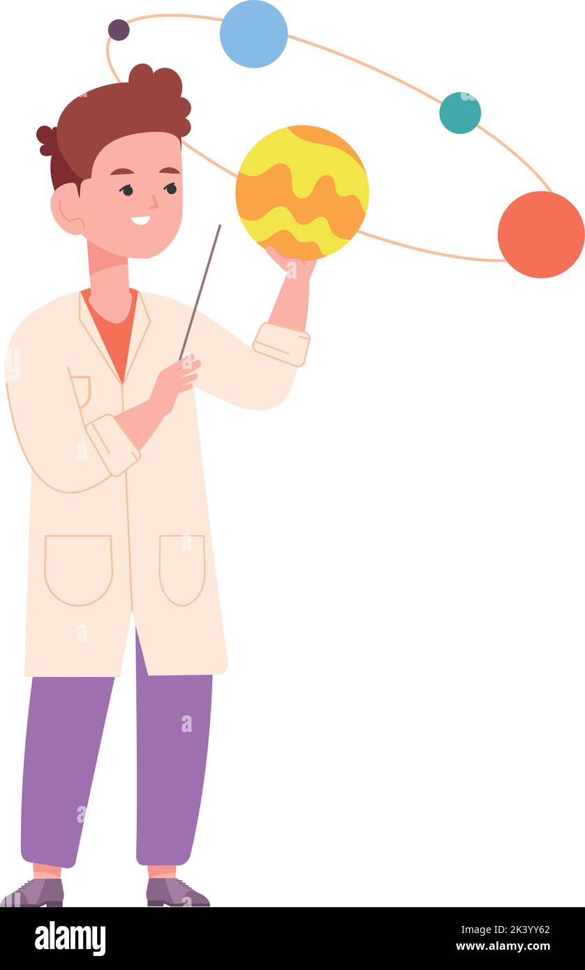 Kid studying astronomy planet. Boy scientist character isolated on ...