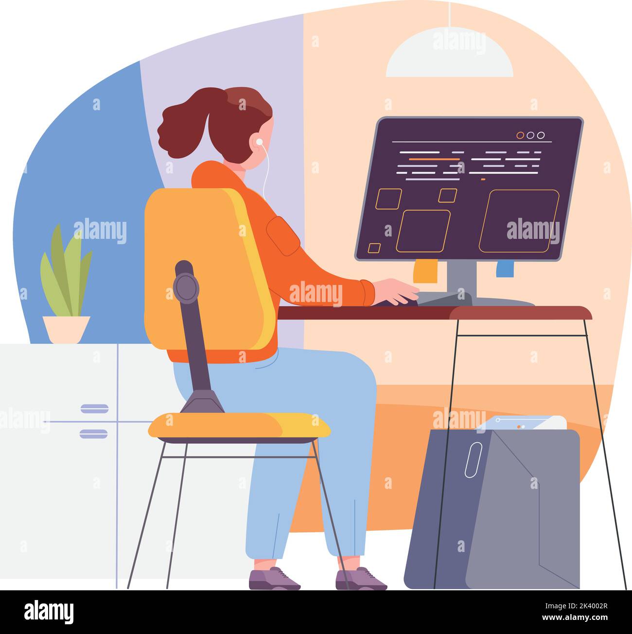 Female Programmer Working On Computer Freelancer Workplace Isolated On