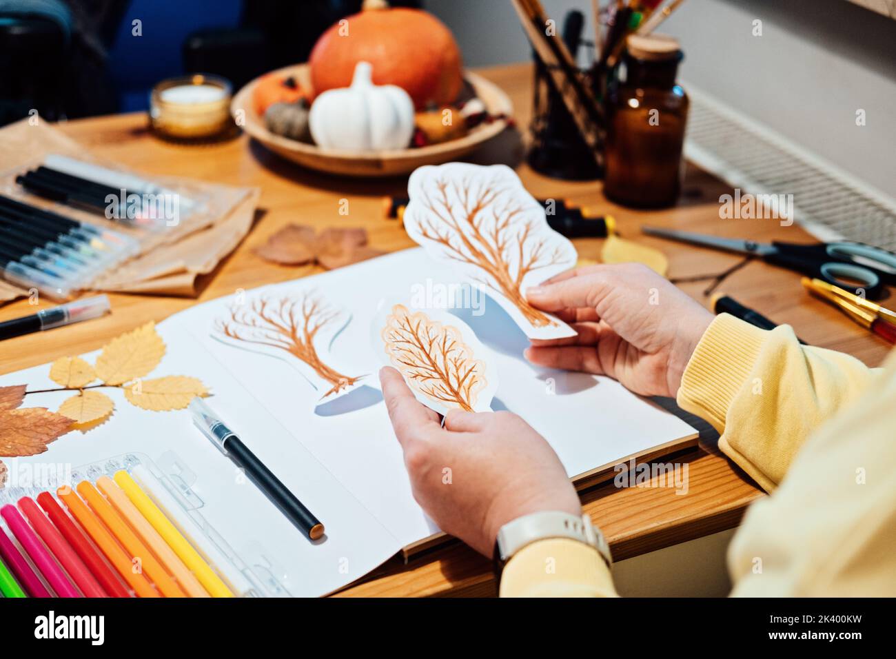 Autumn craft for adults. Fall art creative collage. Faceless portrait ...