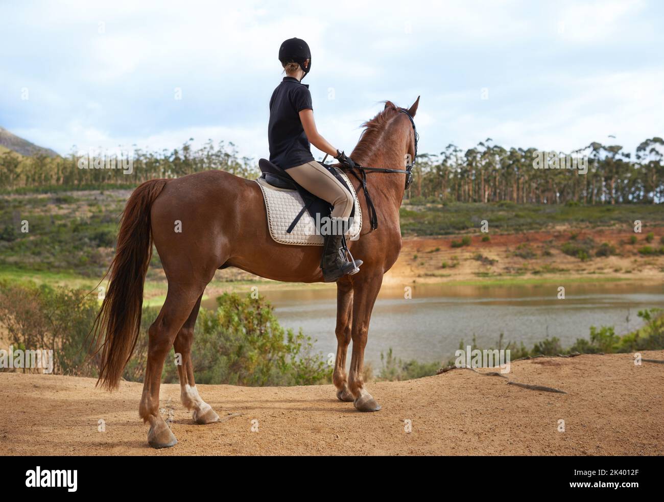 Experiencing nature on horseback. A young woman going for a ride on her ...
