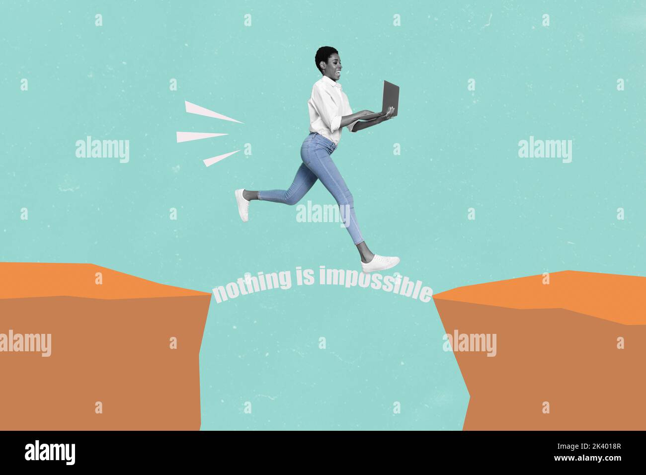 Creative trend collage of cheerful active businesswoman running jumping ...