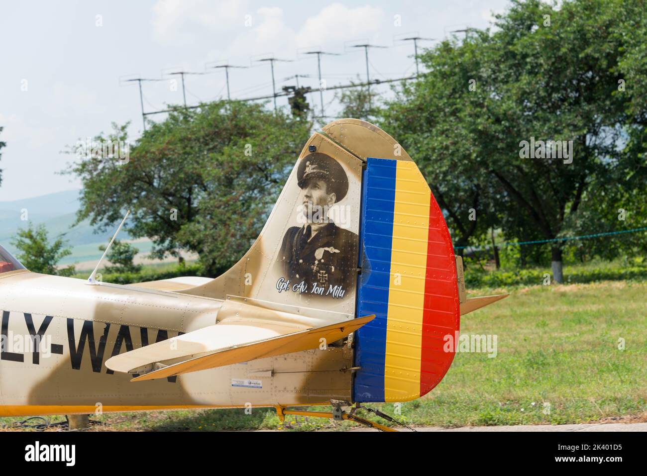 Tail of the propeller plane decorated with the romanian flag Stock ...