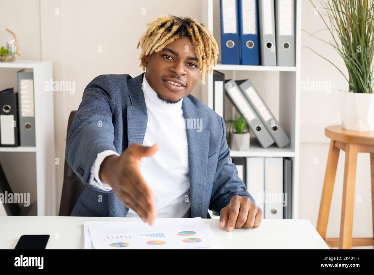Business meeting. Polite black man. Greeting gesture. Happy stylish guy ...