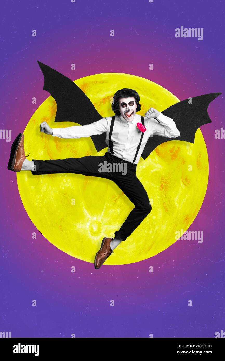 Creative drawing collage picture of flying dracula vampire bat wings ...