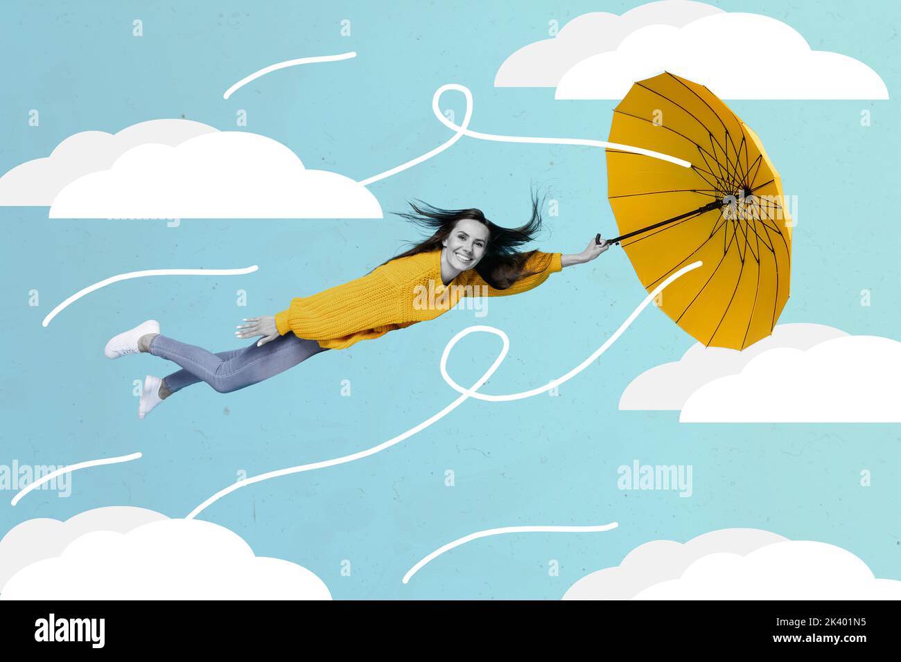 Creative poster collage of active funky lady hold hang umbrella flying ...