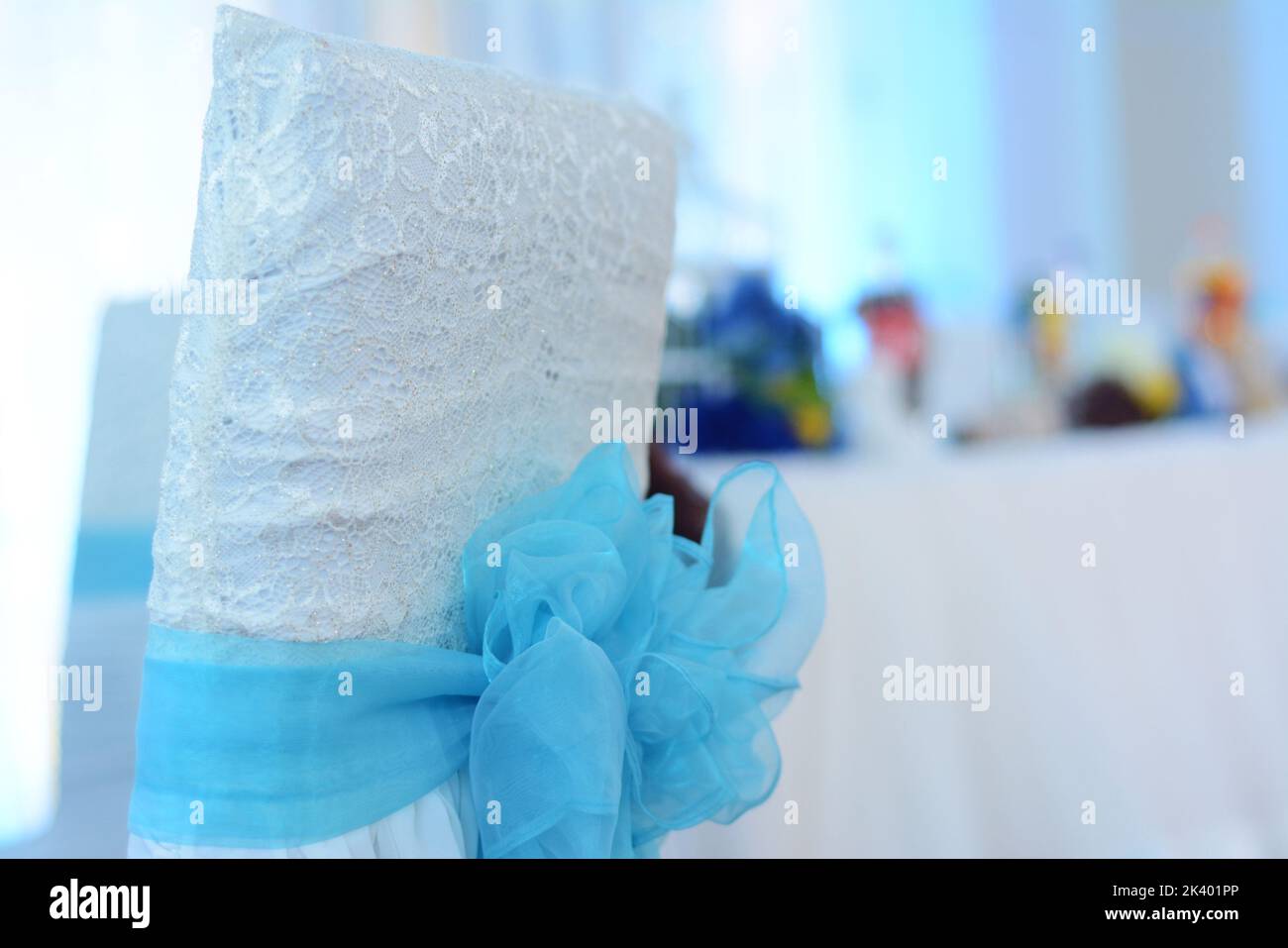 Blue bow for a wedding chair Stock Photo - Alamy