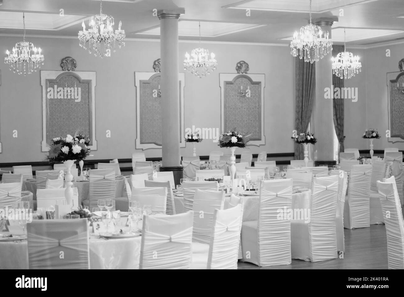 Dining hall interior tables Black and White Stock Photos & Images - Alamy