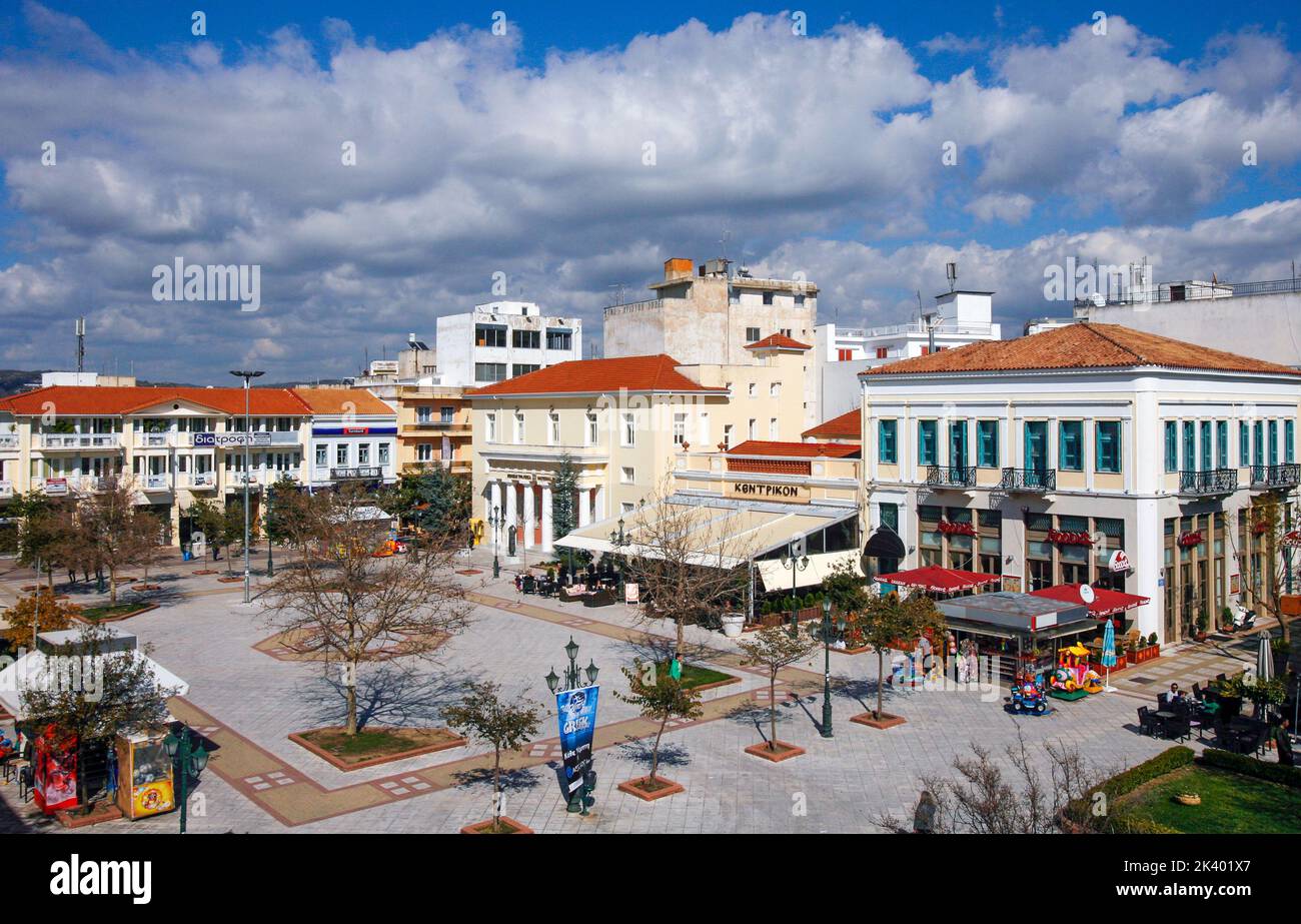 Panoramic view of the main square in Pyrgos town, in Peloponnese ...