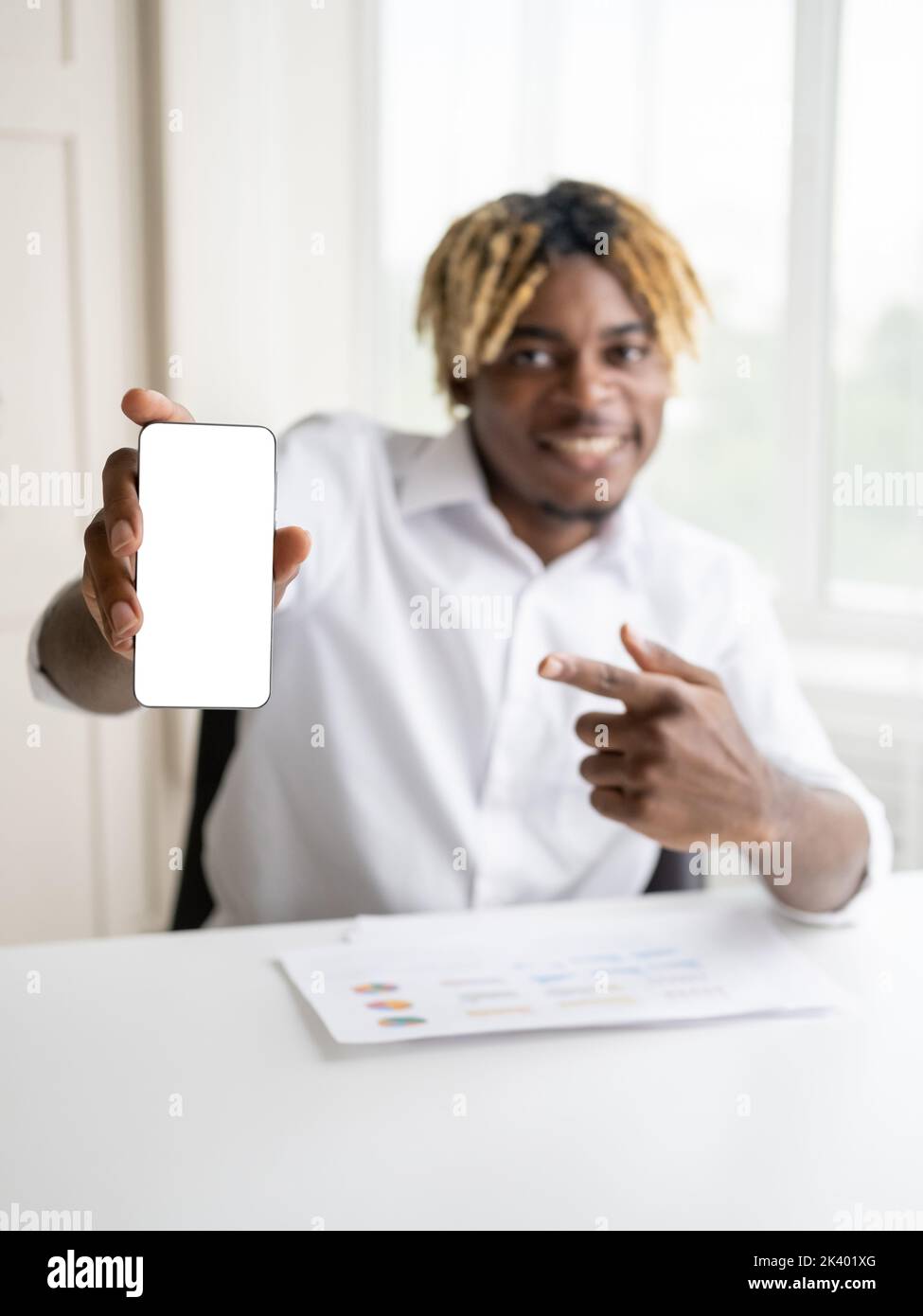Mobile application. Happy black man. Advertising promotion. Smiling ...