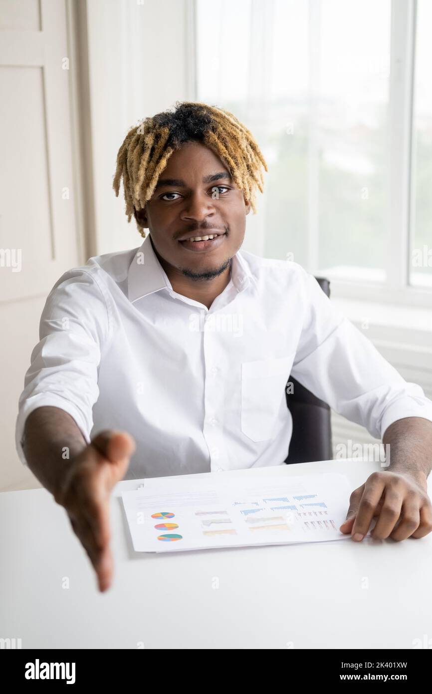 Business meeting. Happy black man. Greeting gesture. Handsome stylish ...