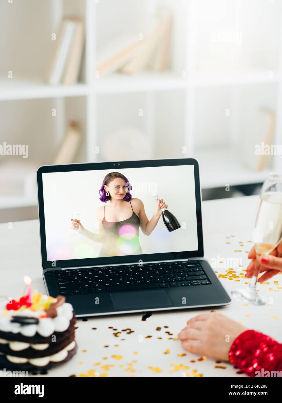 Birthday greeting. Online party. Virtual friends. Happy woman with ...