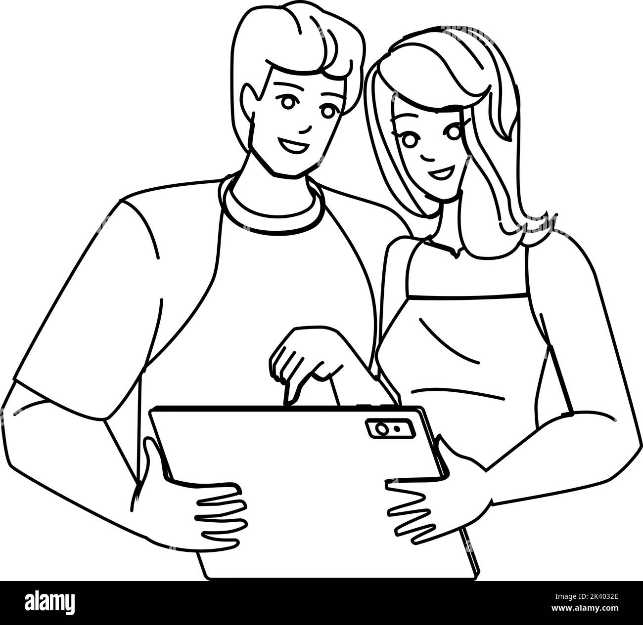 Happy woman sitting tablet computer Black and White Stock Photos ... Happy woman sitting tablet computer Black and White Stock Photos ...