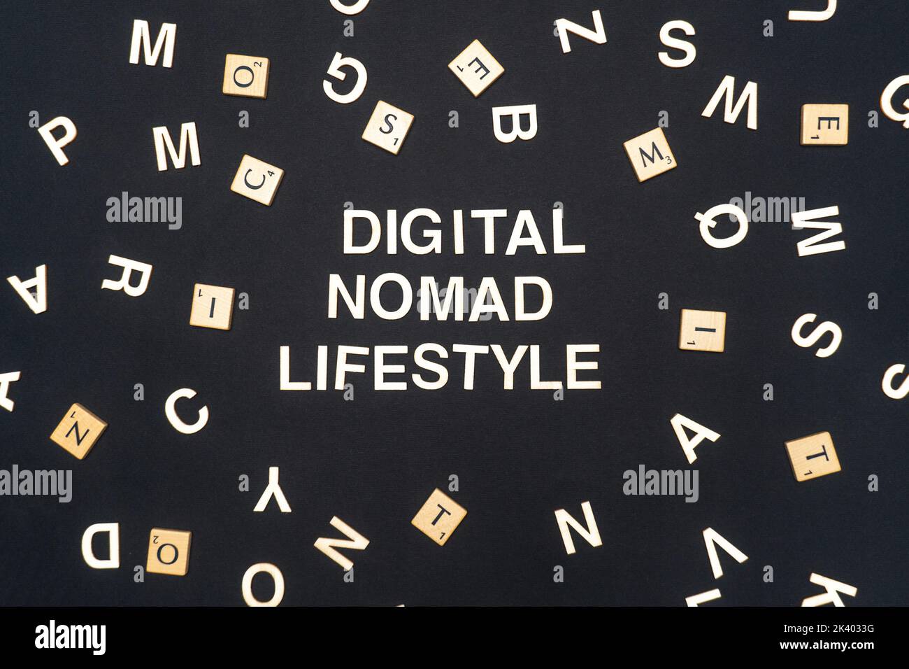 DIGITAL NOMAD LIFESTYLE word written on dark paper background. DIGITAL ...