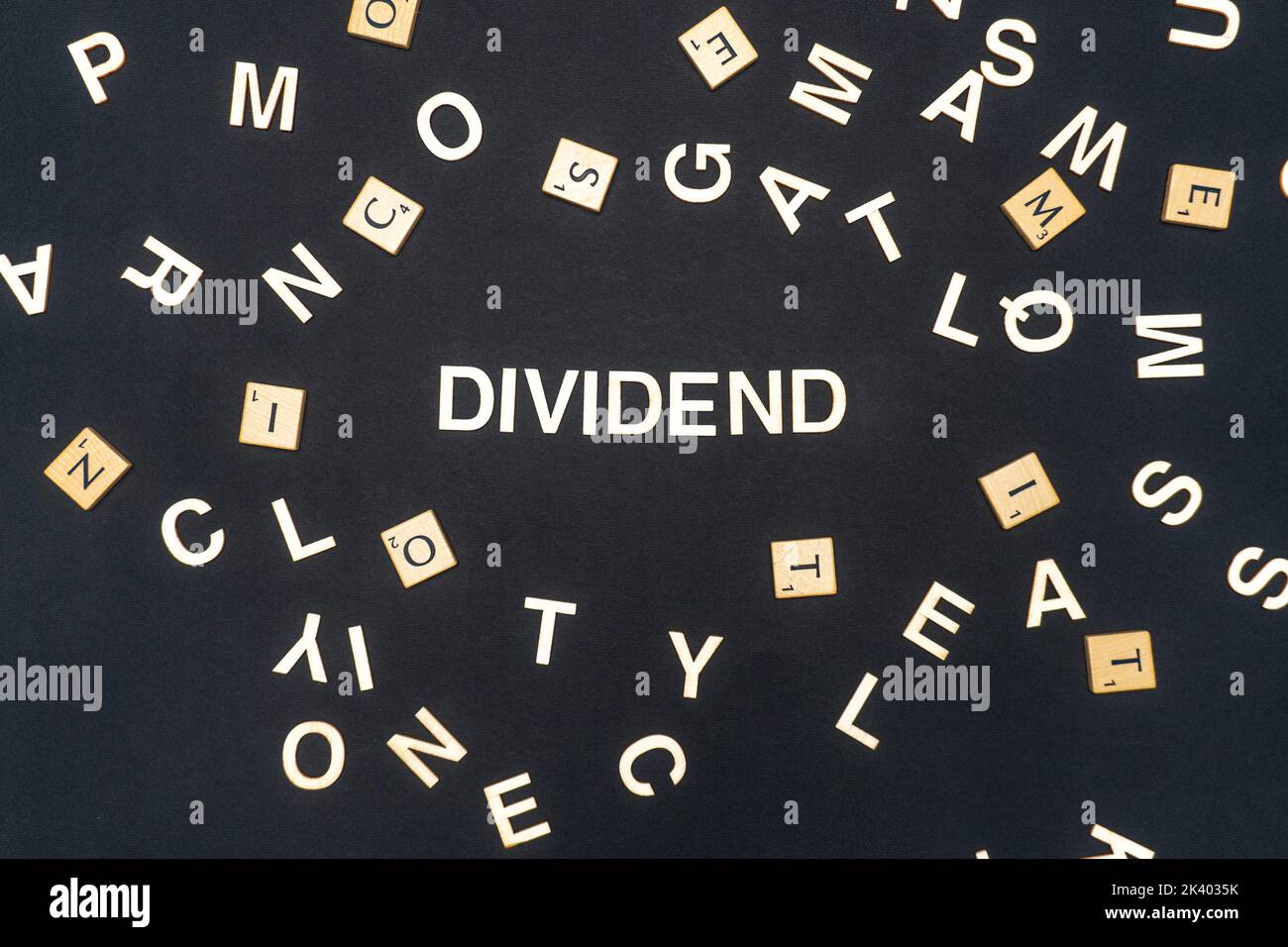 DIVIDEND word written on dark paper background. DIVIDEND text on dark ...