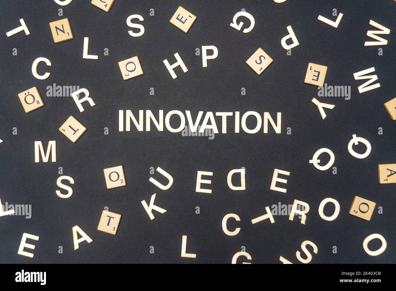 INNOVATION word written on dark paper background. INNOVATION text on ...