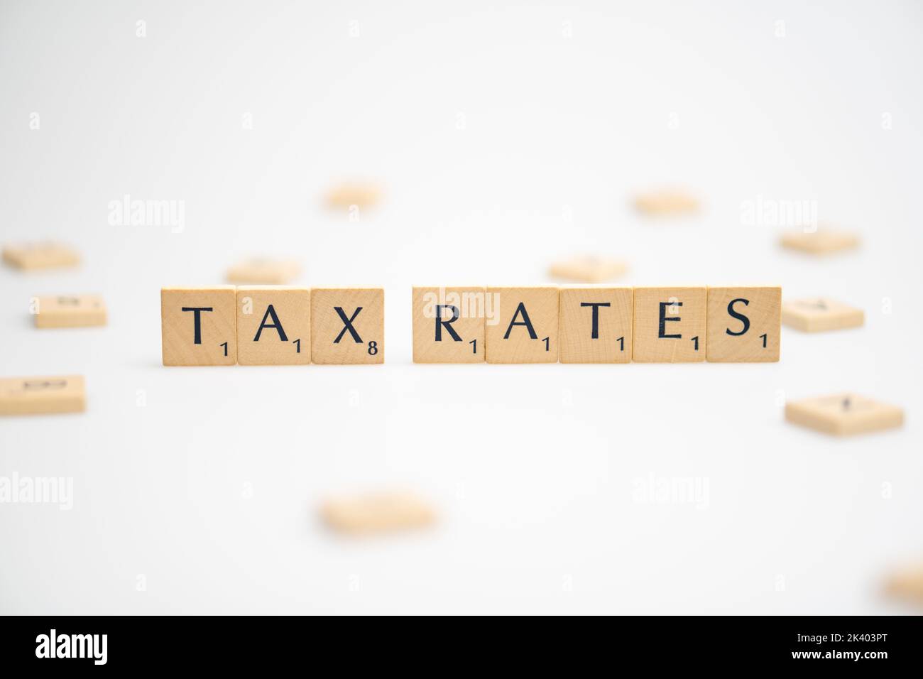 TAX RATES word written on white background. TAX RATES text on white for ...