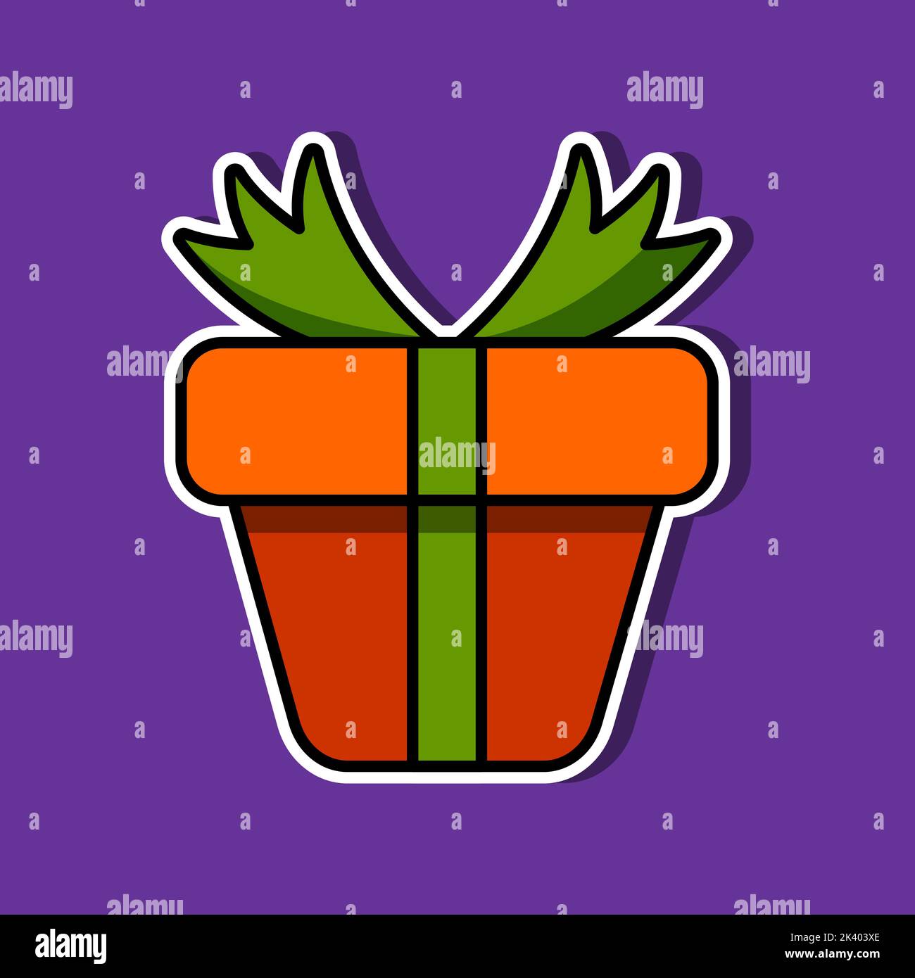 Orange gift box sticker with green bow on purple background. Halloween ...