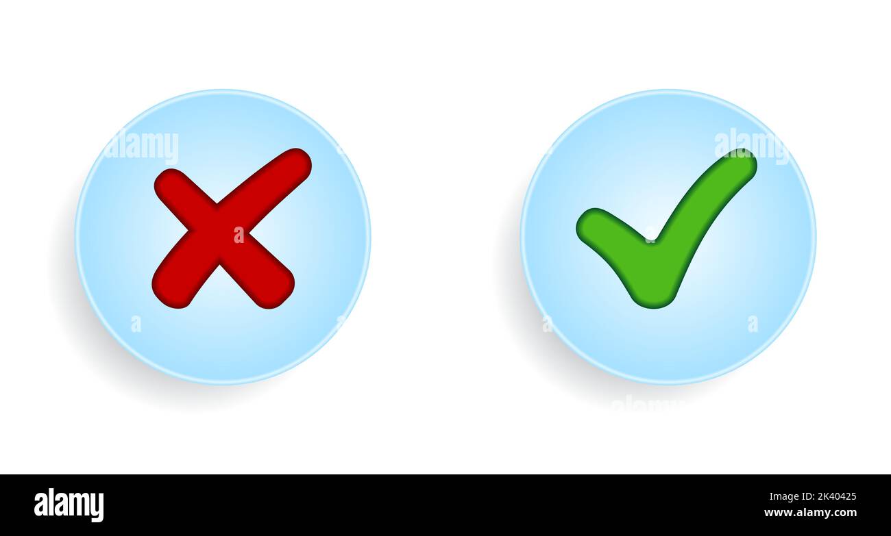 Green checkmark and red X icons on white background. Vector ...