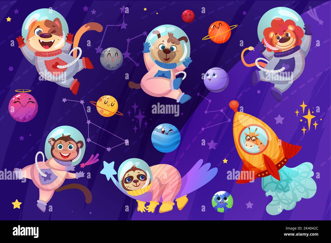 Cute animals astronauts in spacesuit flying in open space. Cartoon ...