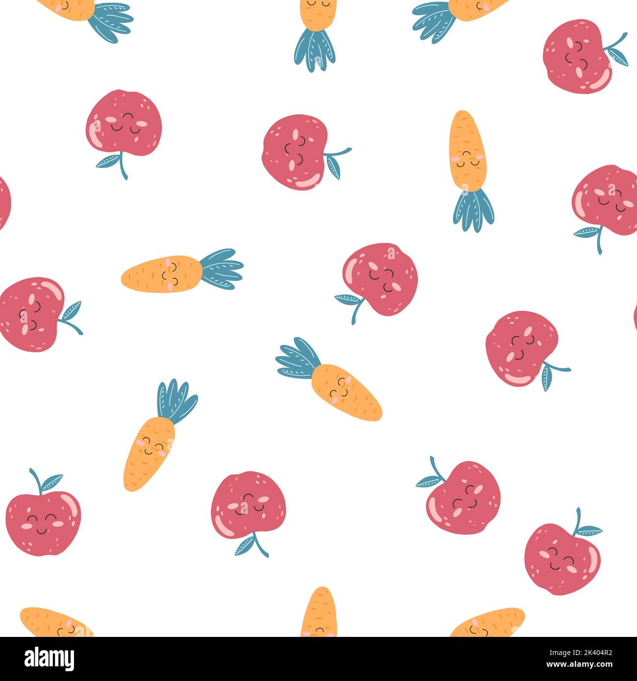 Seamless pattern with cute kawaii apple and carrot with happy face in ...