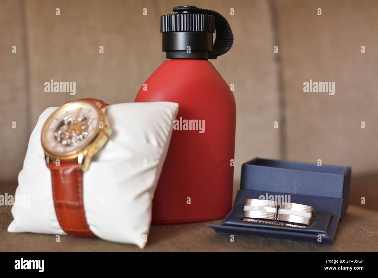 Wedding details. Set of groom accessories on wedding day. Men's watch ...