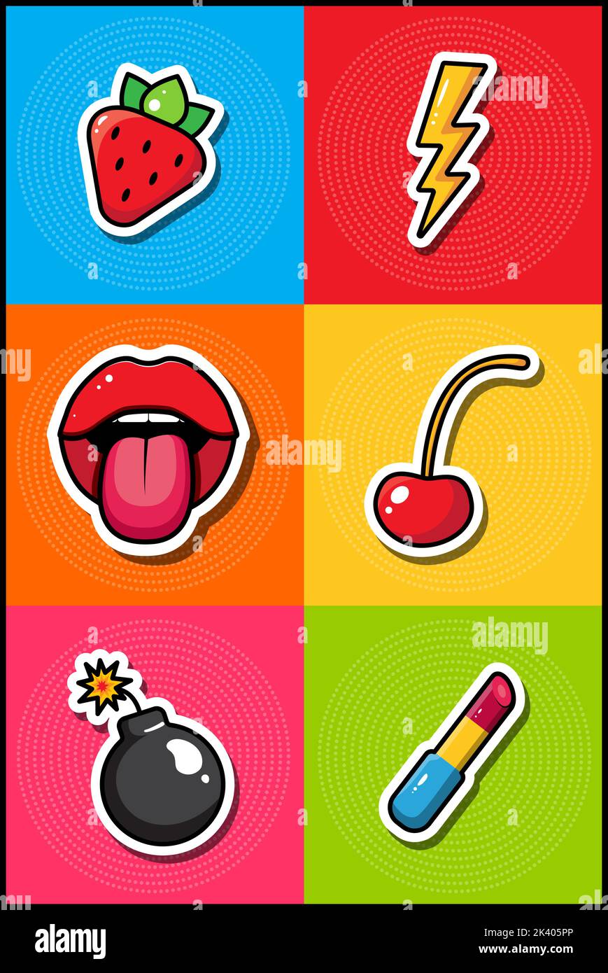 Vector set of images in pop art style. Sticker pack lips and lollipop ...