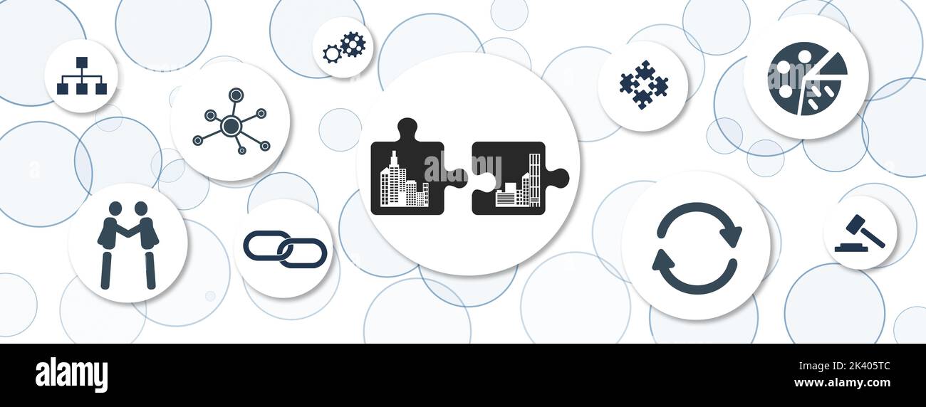 Concept of m&a with icons on circles Stock Photo - Alamy