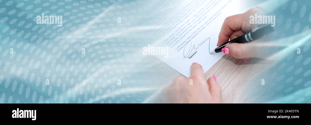 Woman signing a legal document; panoramic banner Stock Photo - Alamy