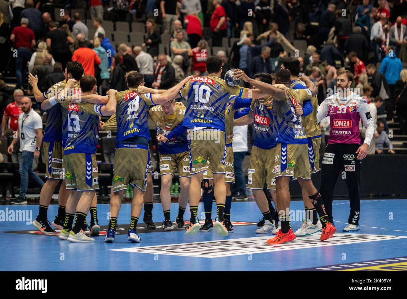 Aalborg, Denmark. 28th Sep, 2022. The players of Lomza Industria Kielce ...