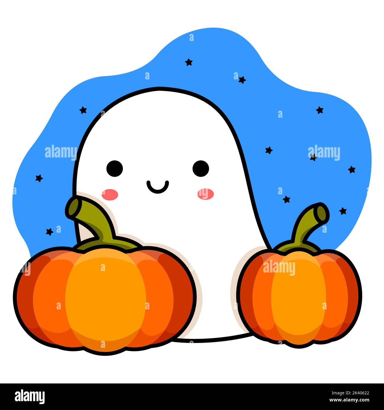 Smiling ghost and pumpkins. Sky and stars. halloween drawing. Vector ...