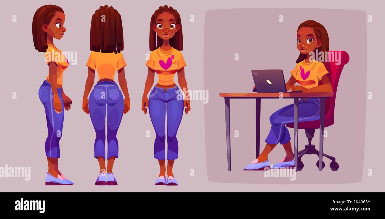 Black woman, cartoon animation character side, rear, front, sitting at ...