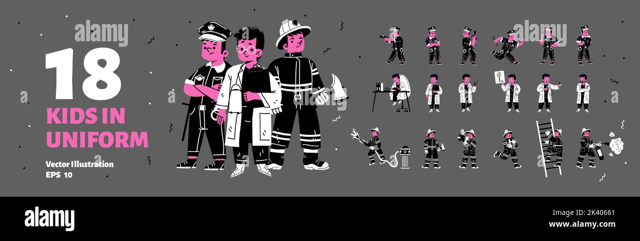 Set of kids in professional policeman, doctor and firefighter uniform ...