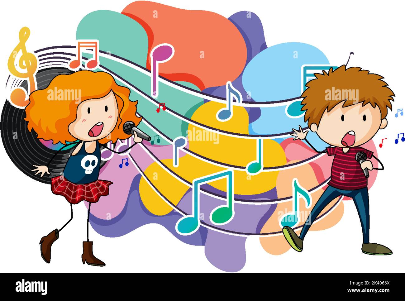 Singer boy and girl cartoon with music melody symbols illustration ...