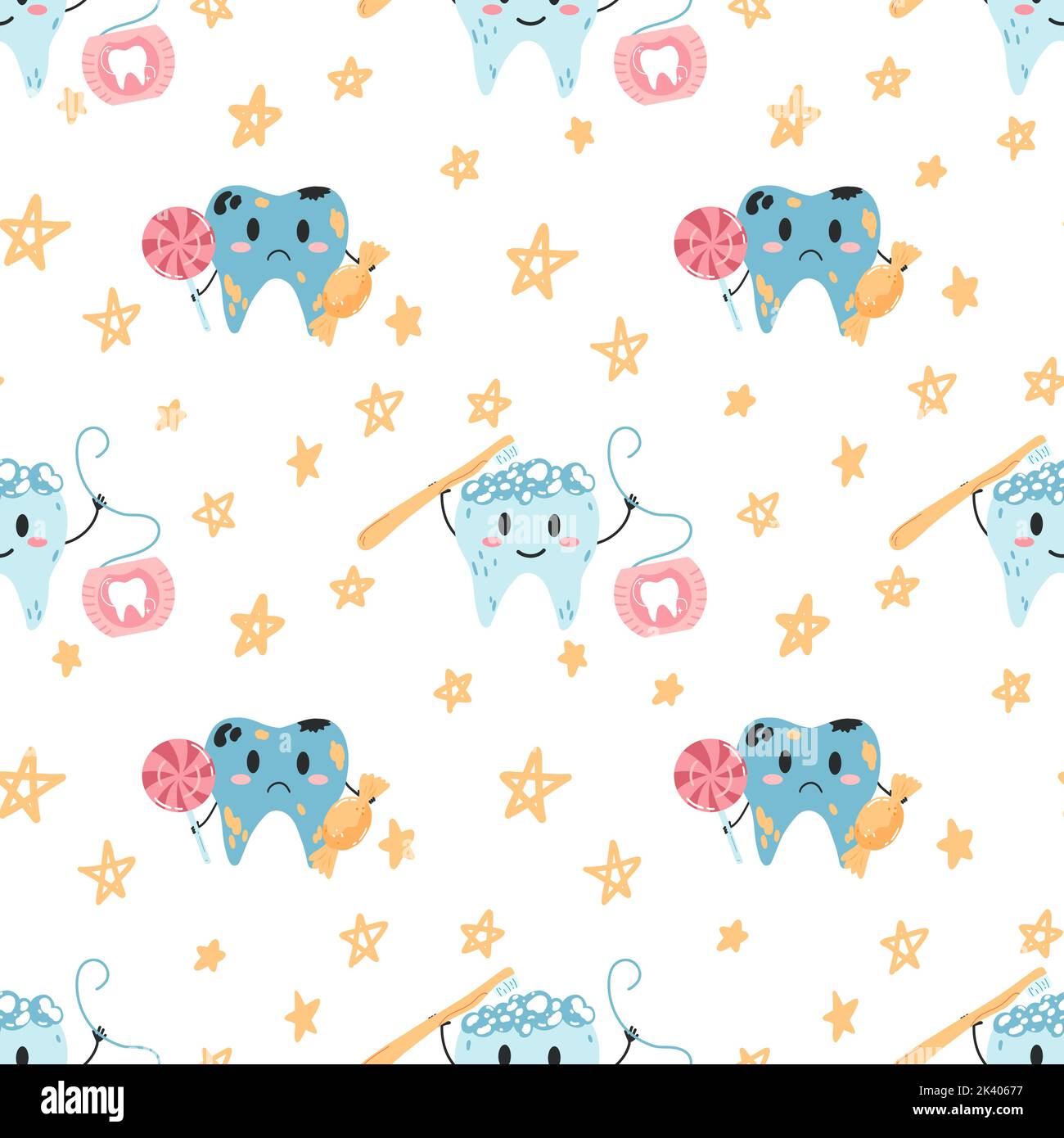 Seamless pattern with hand drawn kawaii teeth characters in cartoon ...