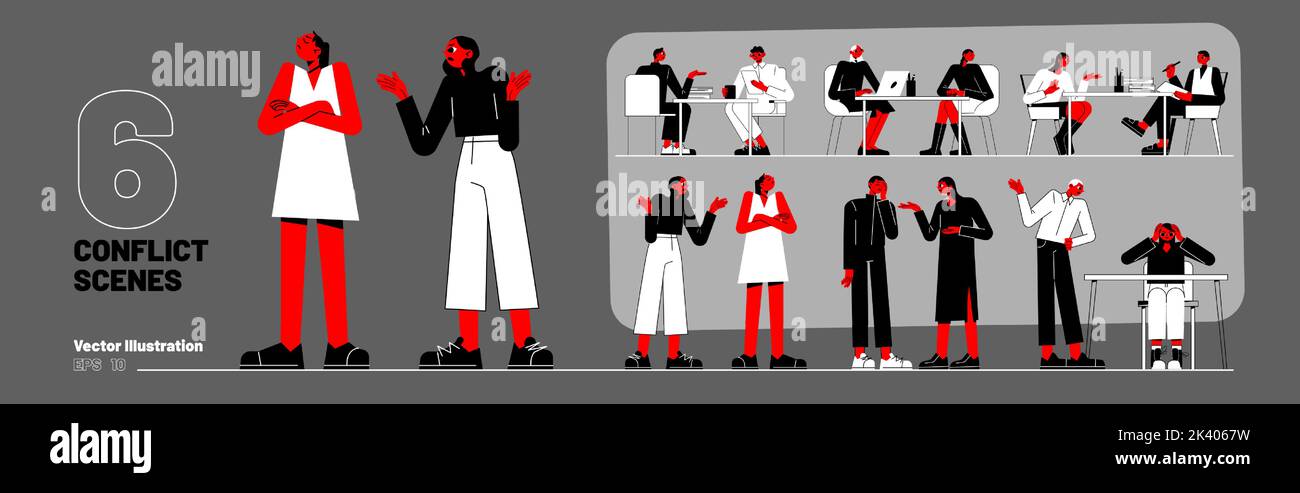 Set of people conflict scenes, angry characters fight. Furious couples ...