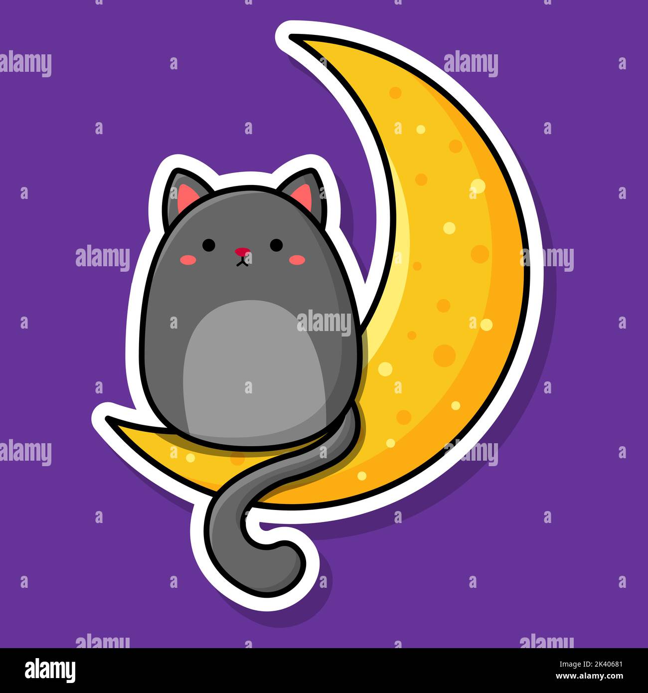 Cartoon sticker of a gray cat that sits on the moon. Vector ...