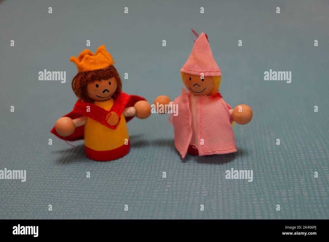 Handmade wooden puppet theater. King and princess. courtiers Selective ...