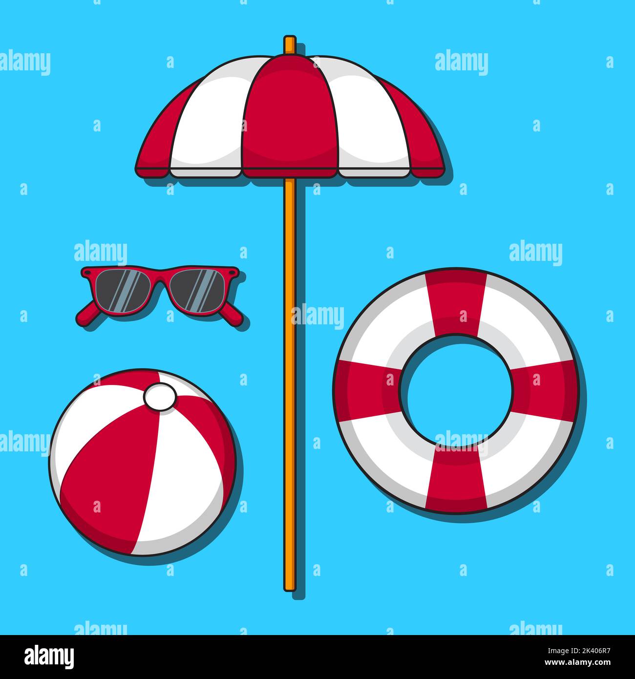 Cartoon set of illustrations of a red and white life buoy, beach ball ...