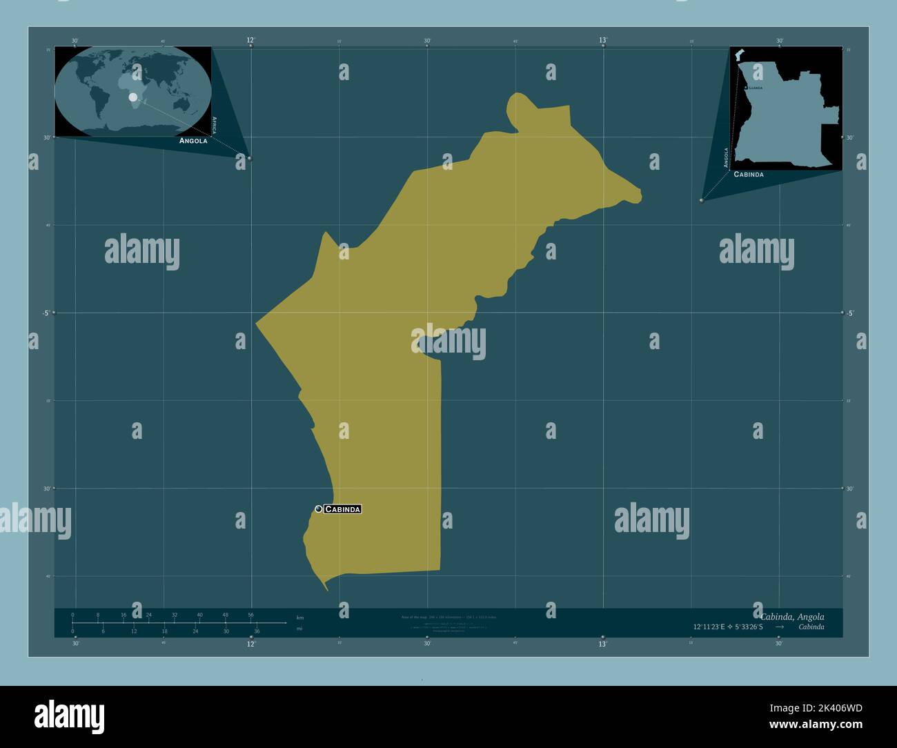 Cabinda, province of Angola. Solid color shape. Locations and names of ...