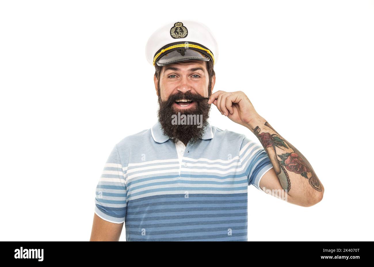 Man bearded captain sailor uniform marine cruise, welcome on board ...