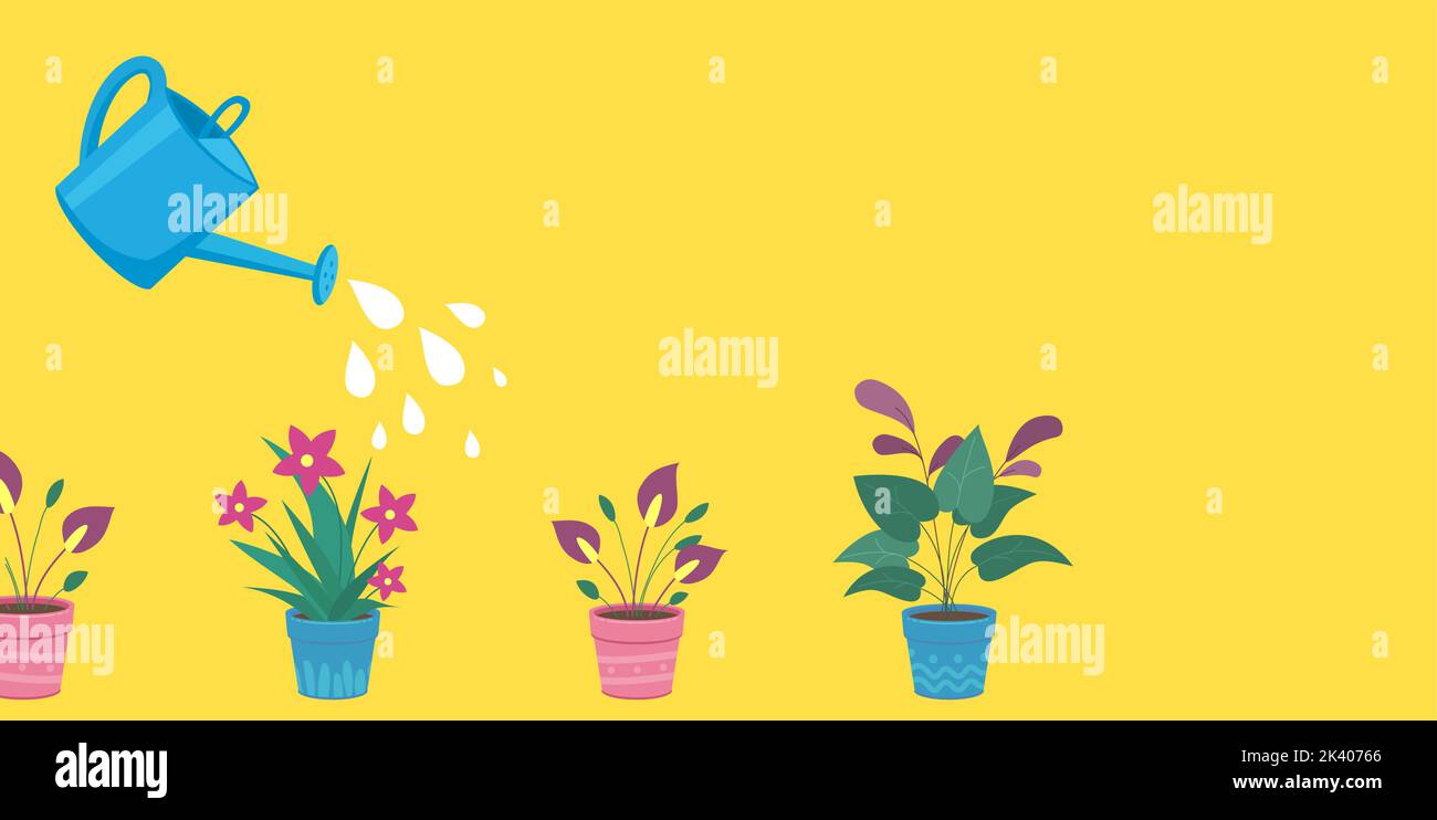 Illustration of watering a flower from a watering can. Bright flowers ...