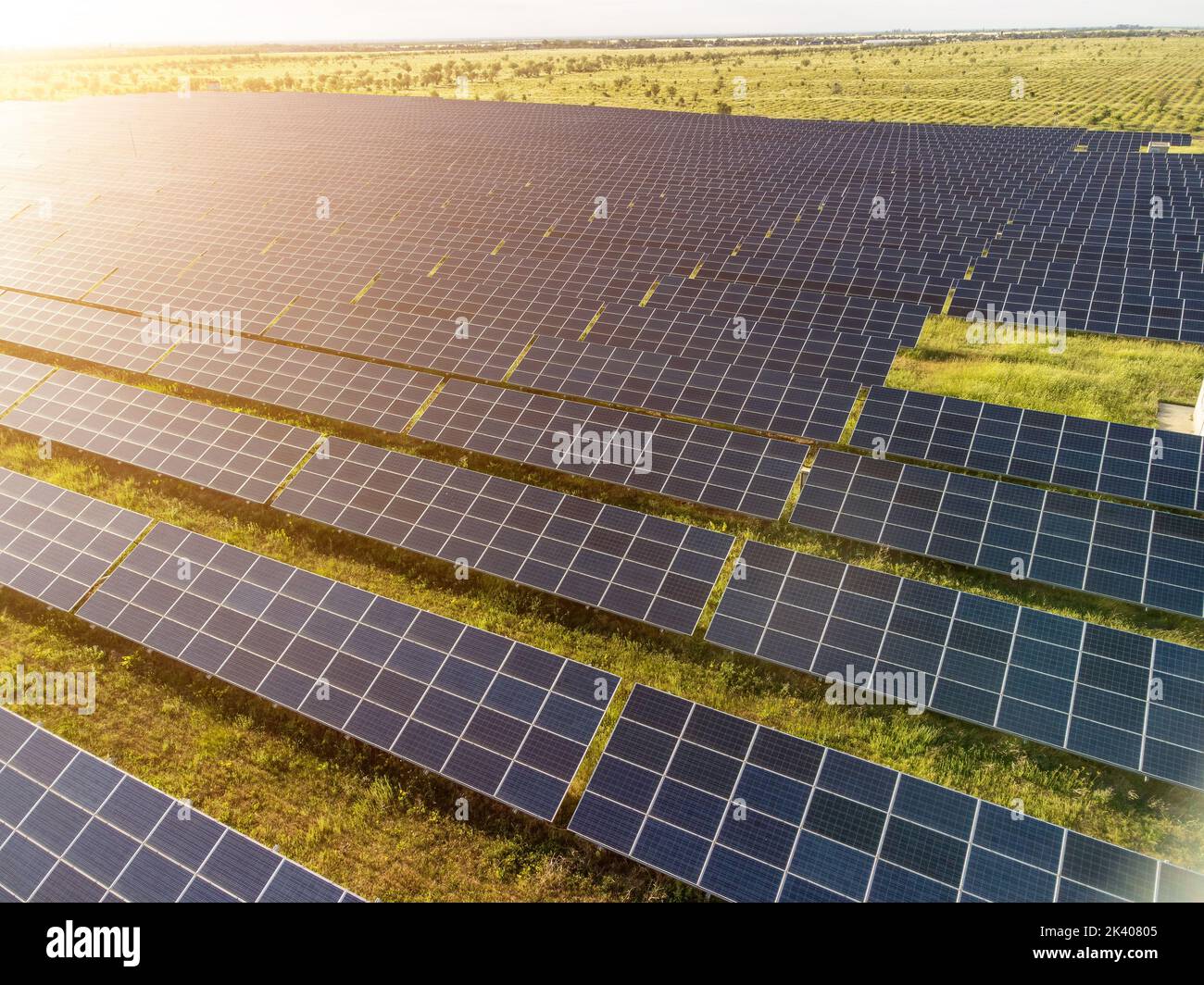 Aerial top view of a solar panels power plant. Photovoltaic solar ...