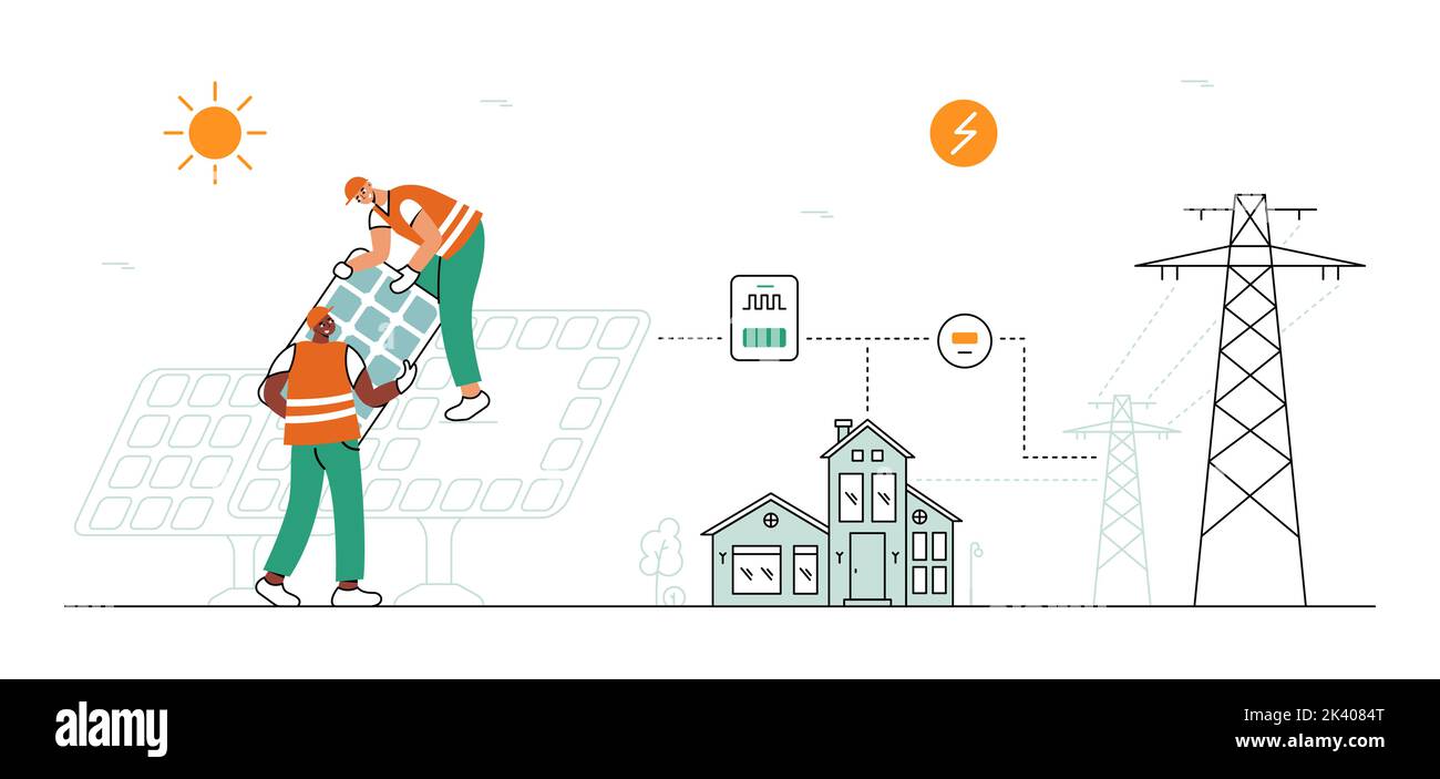 Workers set a panel at a solar power plant. Scheme of the power station ...