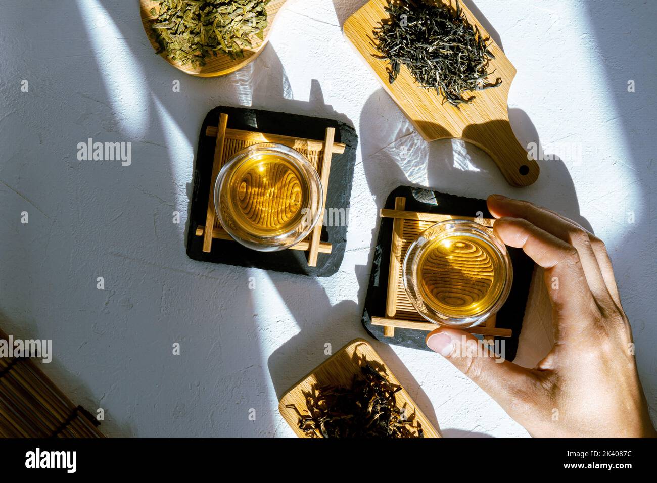 Green tea natural light background. op view. Daylight. Top view Stock ...