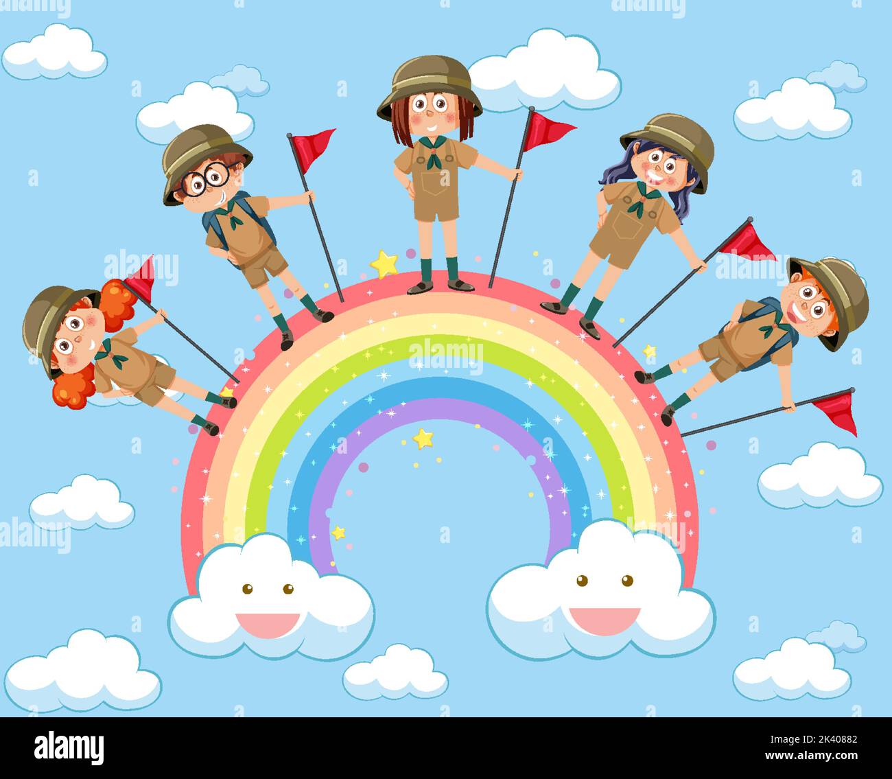 Happy kids in in the sky with rainbow illustration Stock Vector Image ...